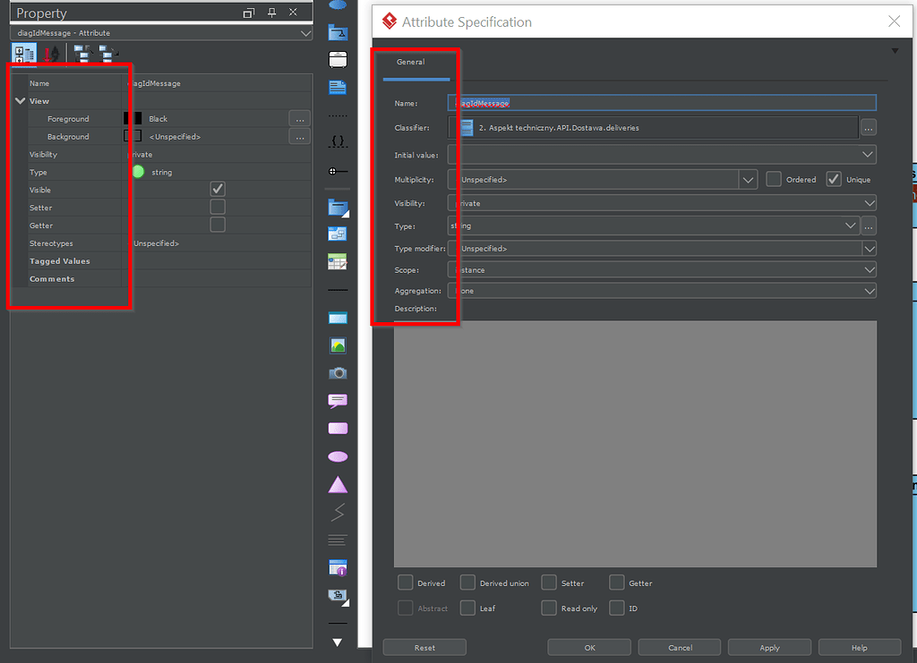 Attribute panel vs Specification window - - various attributes set ...